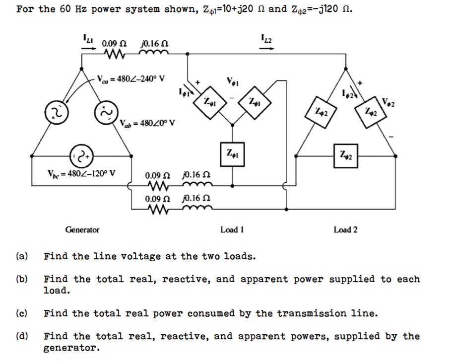 Solved For the 60 Hz power system shown, Z$1=10+j20 1 and | Chegg.com