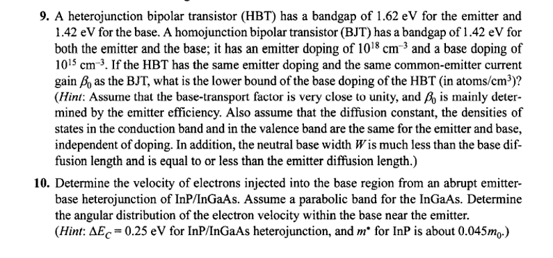 Solved 9. A heterojunction bipolar transistor (HBT) has a | Chegg.com