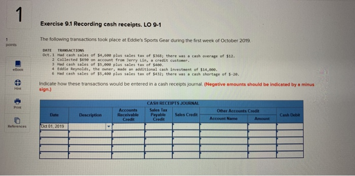 Solved Exercise 9.1 Recording cash receipts. LO 9-1 The | Chegg.com