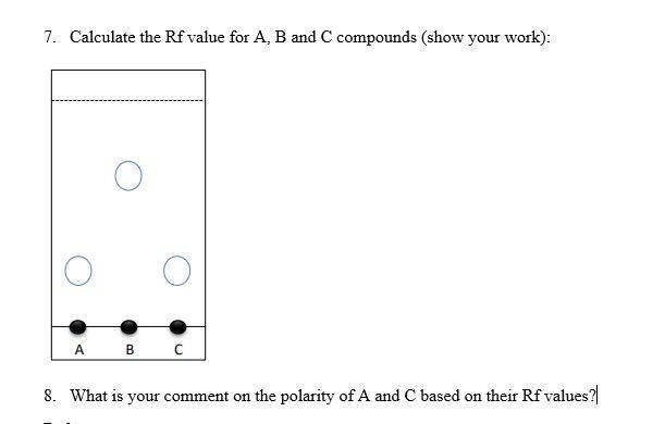 Solved 7. Calculate the Rf value for A, B and C compounds | Chegg.com