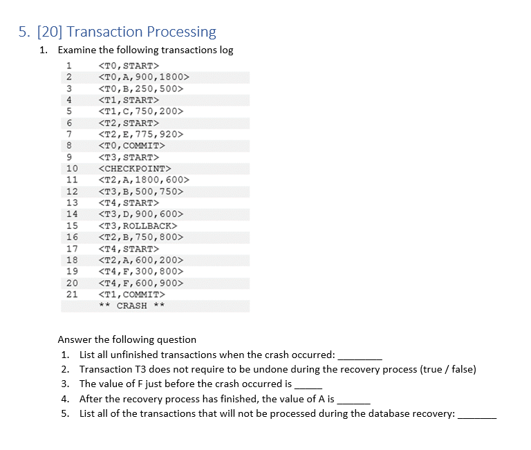 Solved 5. [20] Transaction Processing 1. Examine the | Chegg.com
