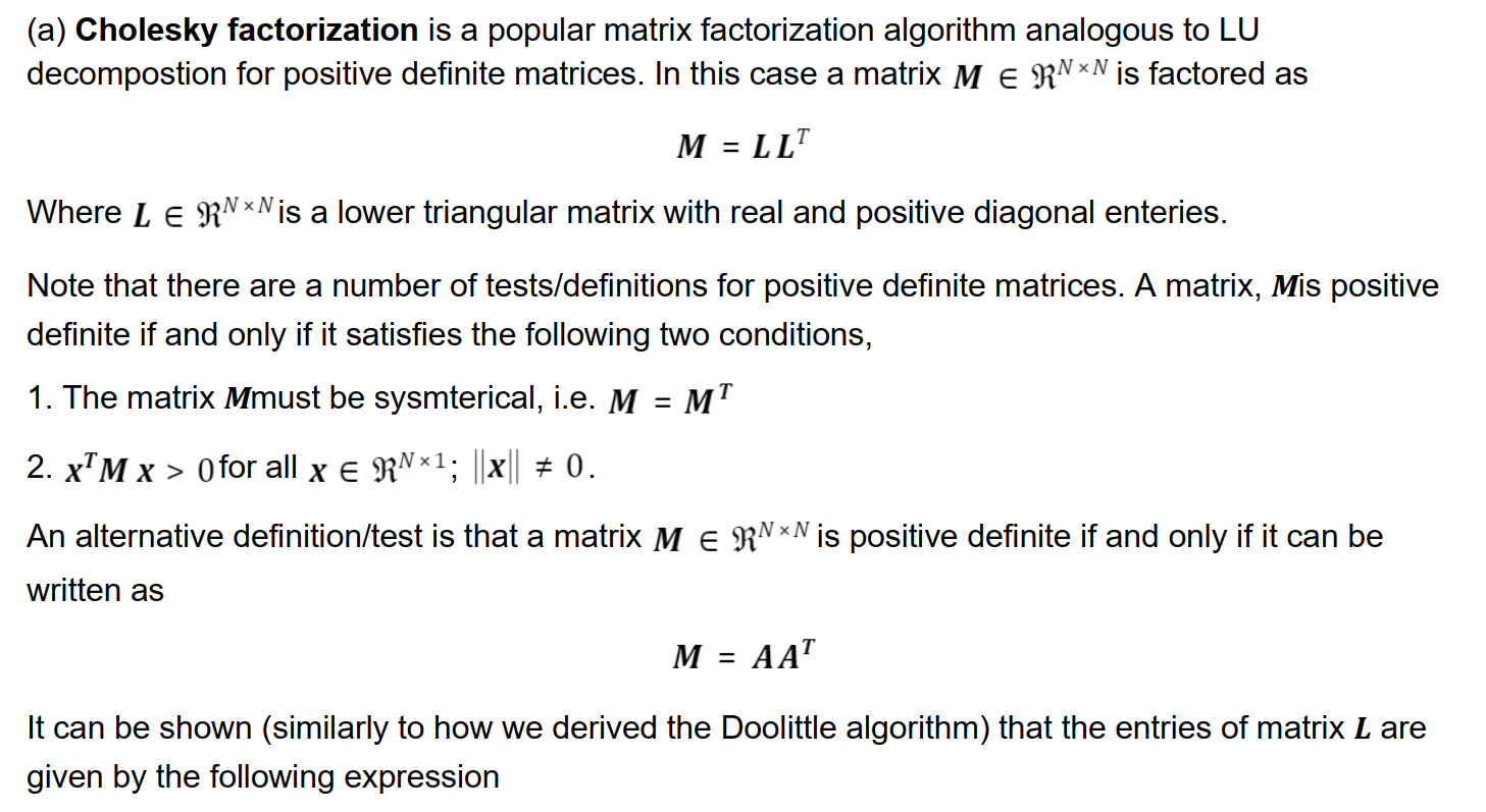 Solved (a) Cholesky factorization is a popular matrix | Chegg.com