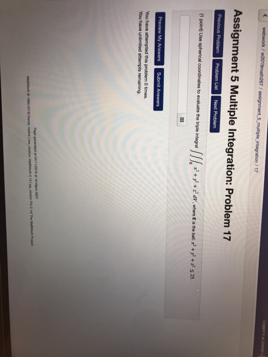Solved / w201 Assignment 5 Multiple Integration: Problem 17 | Chegg.com