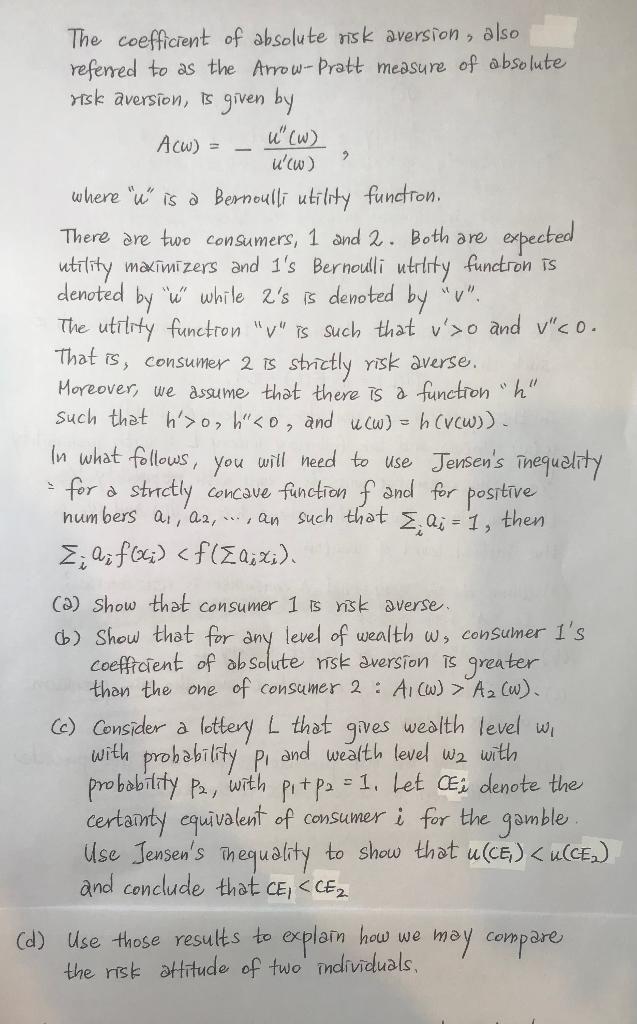 2 = for a The coefficient of absolute nisk aversion, | Chegg.com