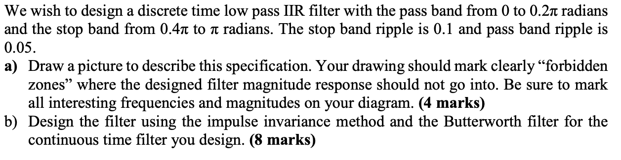 Solved We wish to design a discrete time low pass IIR filter | Chegg.com