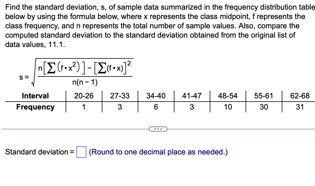 Solved Find the standard deviation, s, ﻿of sample data | Chegg.com