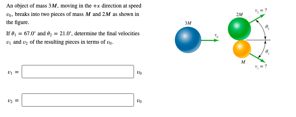 Solved V = ? 2M An object of mass 3M, moving in the +x | Chegg.com