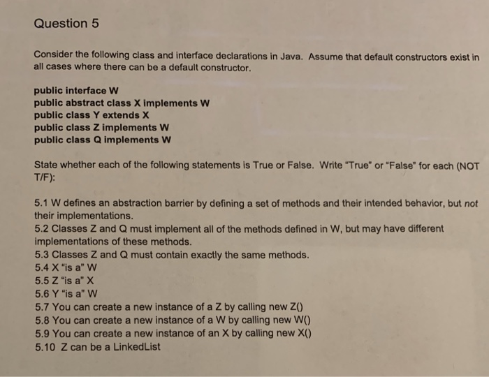 Solved Question 5 Consider the following class and interface | Chegg.com
