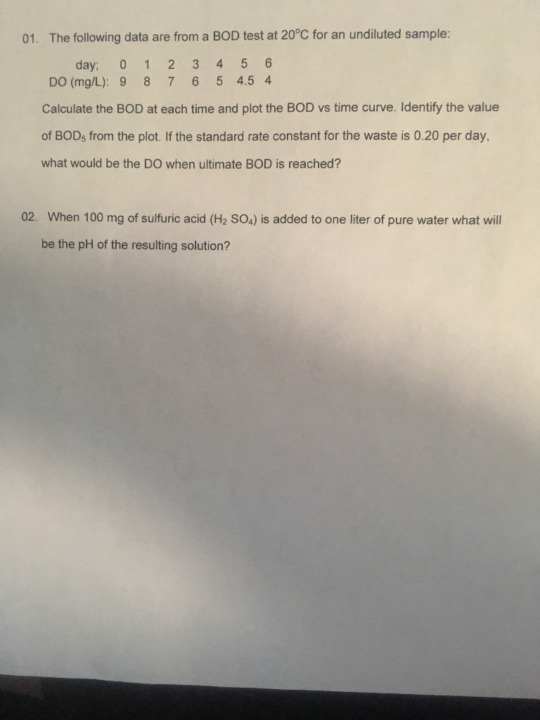Solved 01. The following data are from a BOD test at 20°C | Chegg.com