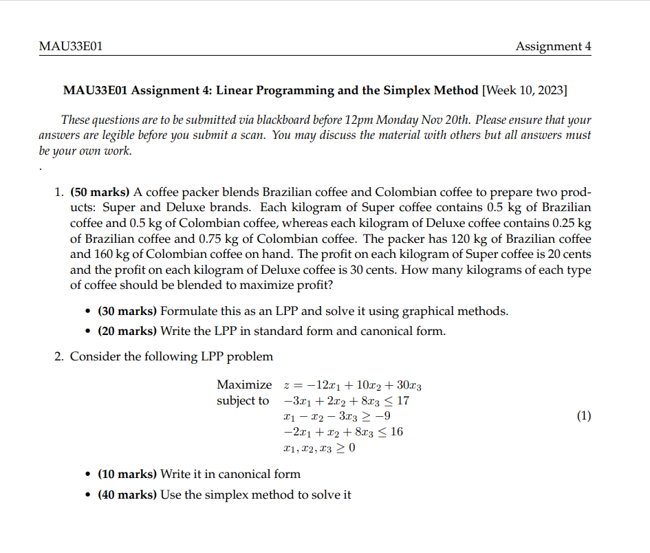 Solved MAU33E01 Assignment 4: Linear Programming and the | Chegg.com