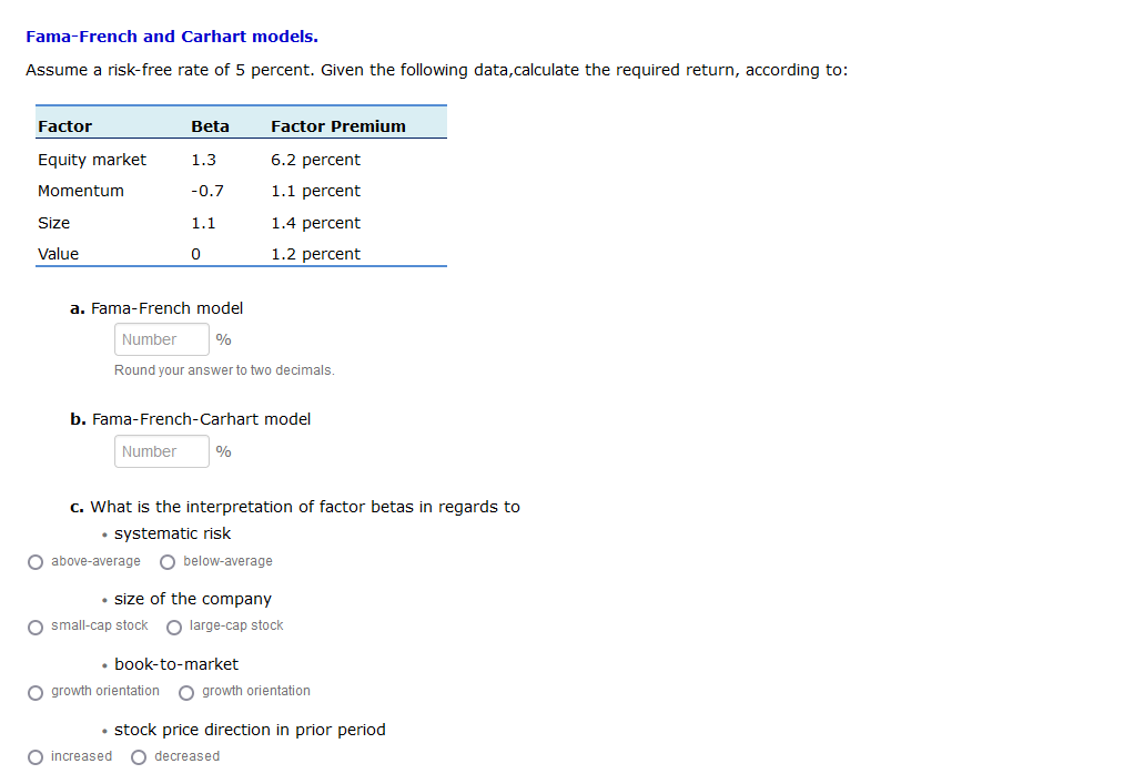 Solved Fama-French and Carhart models. Assume a risk-free | Chegg.com