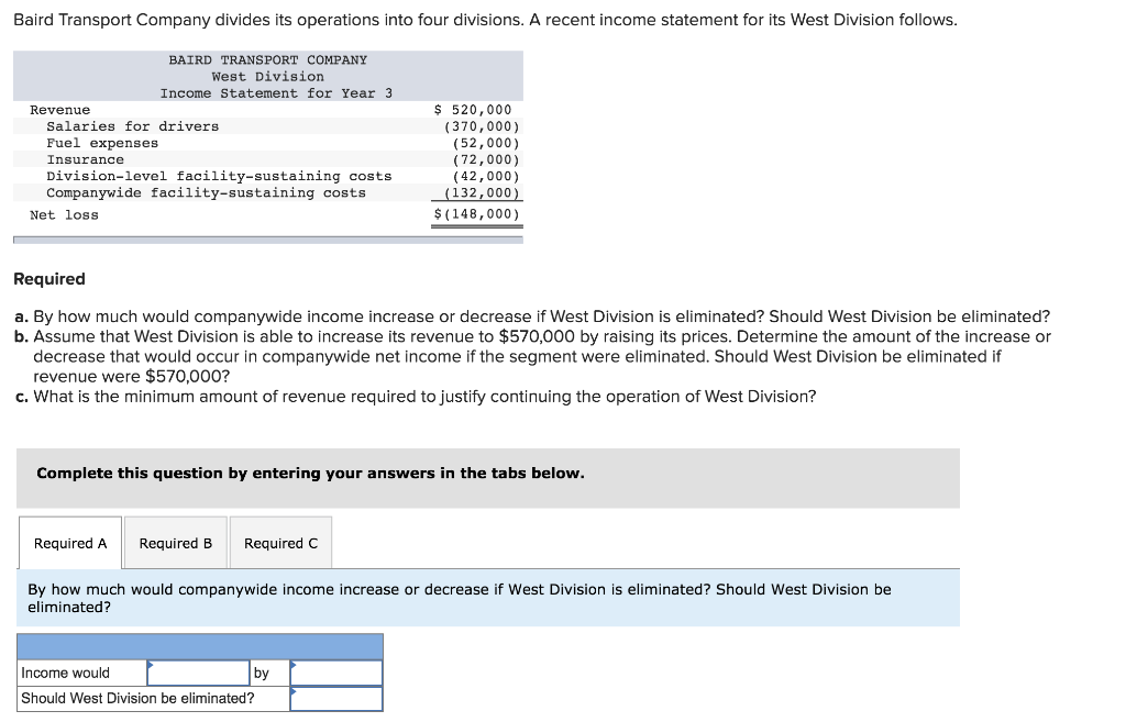 Solved Baird Transport Company divides its operations into | Chegg.com