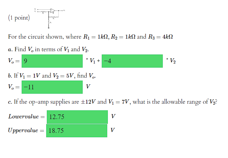 Solved (1 point) For the circuit shown, where R1=1kΩ,R2=1kΩ | Chegg.com
