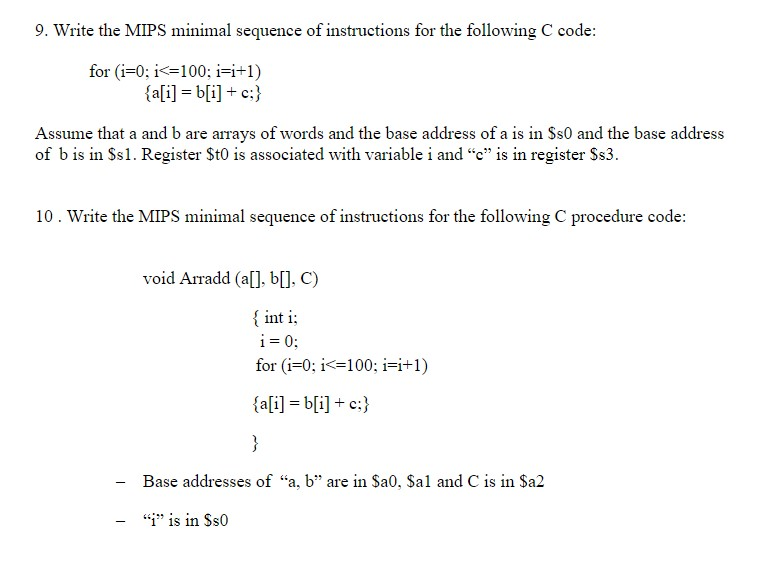 Solved 9. Write the MIPS minimal sequence of instructions | Chegg.com