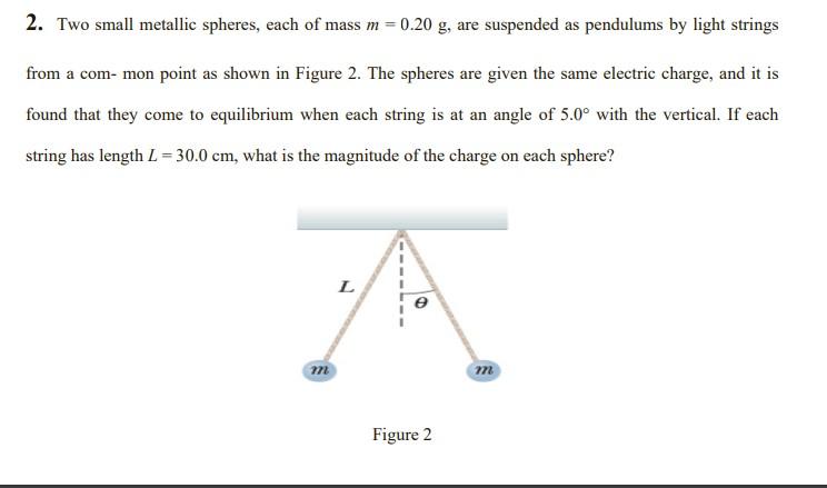 Solved 2. Two small metallic spheres, each of mass m = 0.20 | Chegg.com