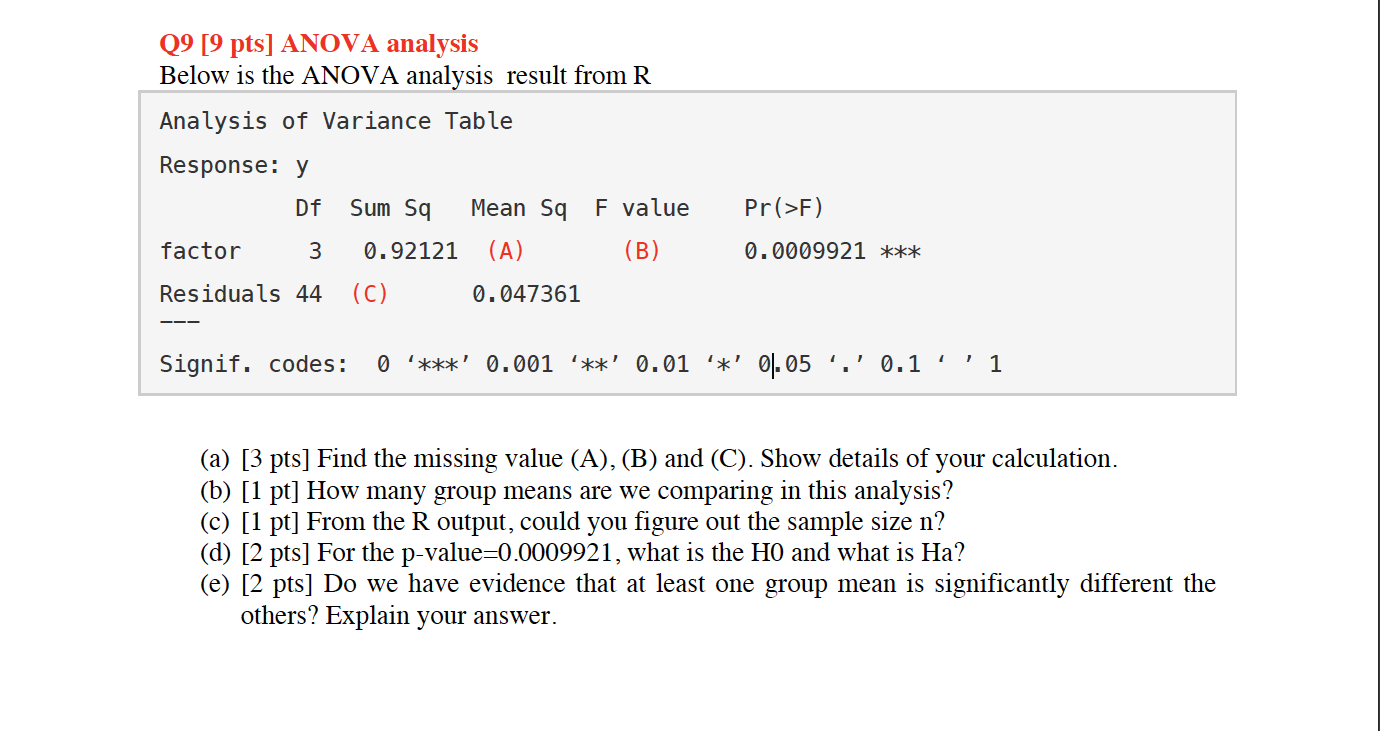 Solved Q9 [9 pts] ANOVA analysis Below is the ANOVA analysis | Chegg.com
