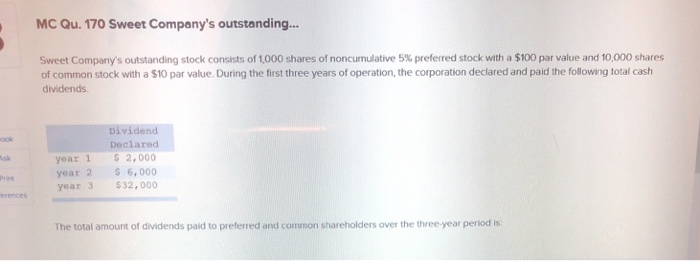 Solved MC Qu. 170 Sweet Company's outstanding... Sweet | Chegg.com
