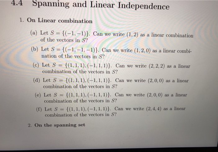 Solved 4 4 Spanning And Linear Independence 1 On Linear