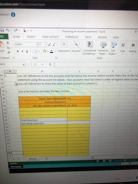 Preparing an Income Statement using Excel's SUM, | Chegg.com