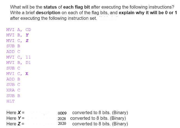 Solved What will be the status of each flag bit after | Chegg.com