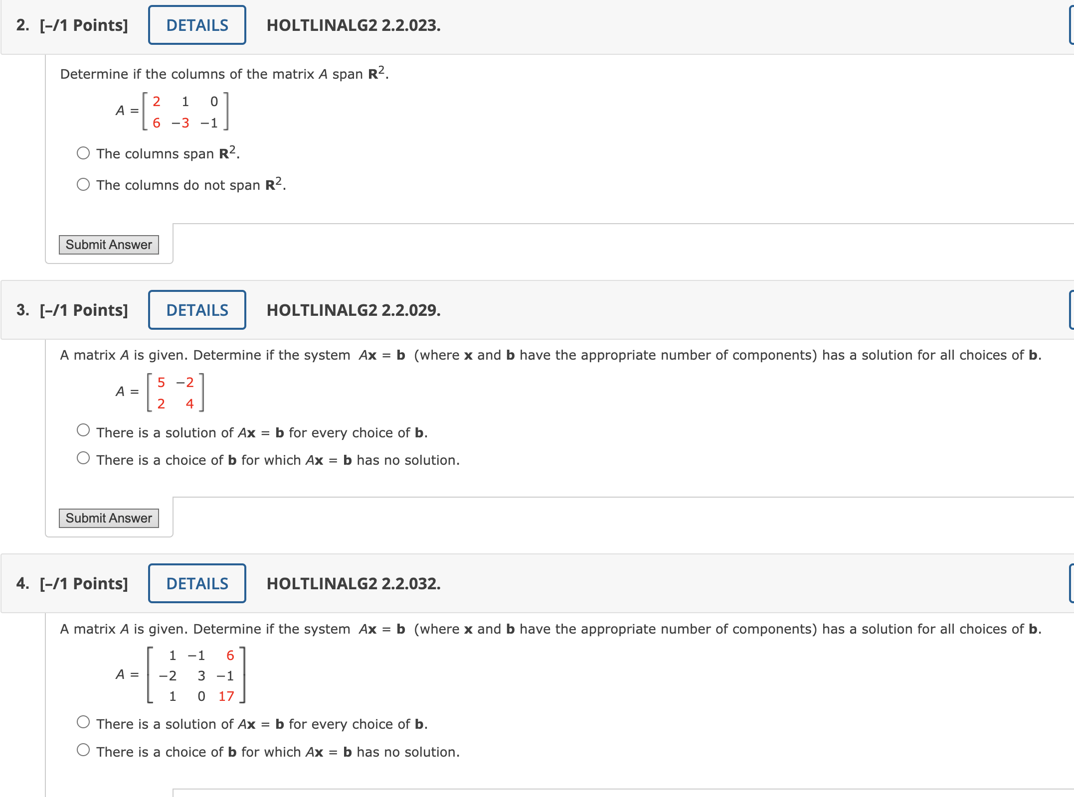 Solved [-/1 Points]\\nHOLTLINALG2 2.2.023.\\nDetermine if | Chegg.com