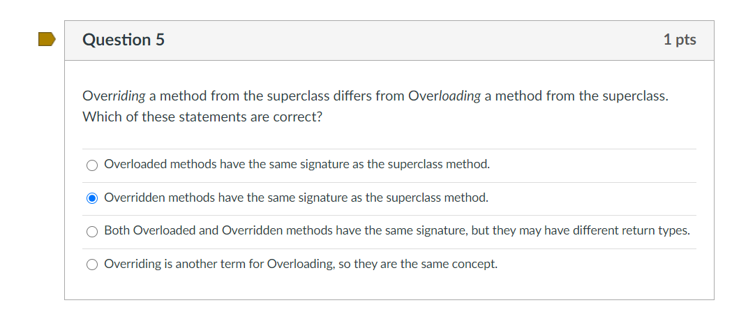 Solved Question 5 1 pts Overriding a method from the | Chegg.com
