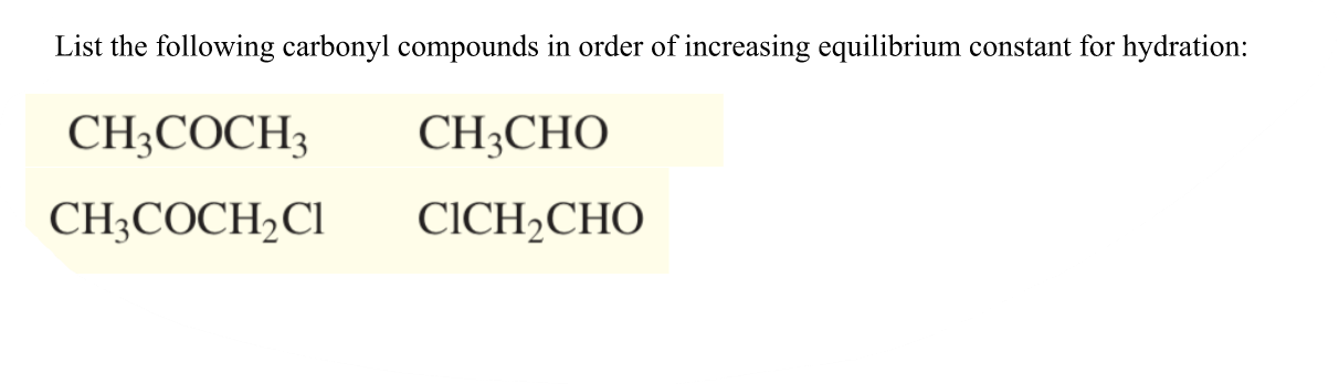 Solved List the following carbonyl compounds in order of | Chegg.com