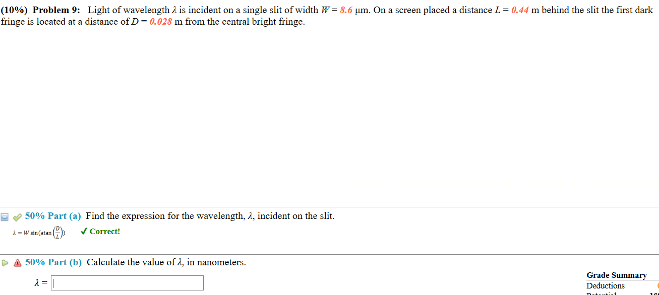 Solved 10\%) Problem 9: Light of wavelength λ is incident on | Chegg.com