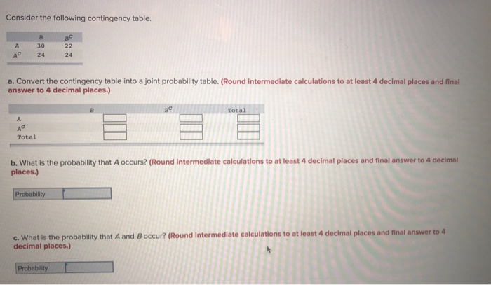 Solved Consider the following contingency table. ВС A 30 Ac | Chegg.com