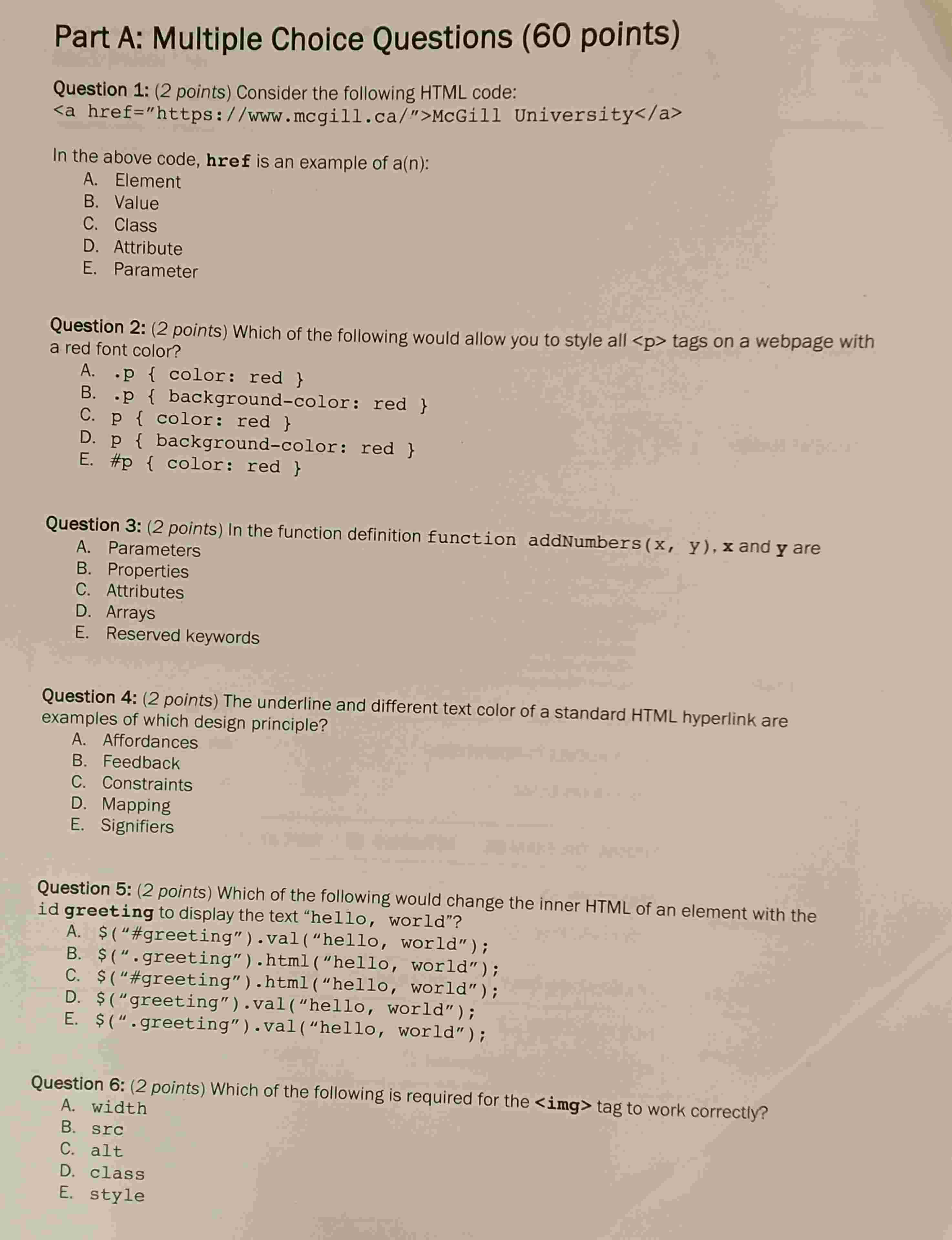 Solved Part A: Multiple Choice Questions (60 | Chegg.com