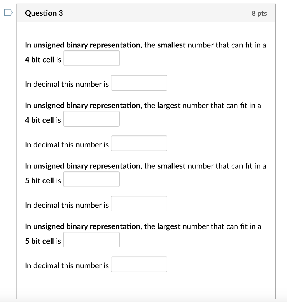 Solved Question 3 8 Pts In Unsigned Binary Representation 