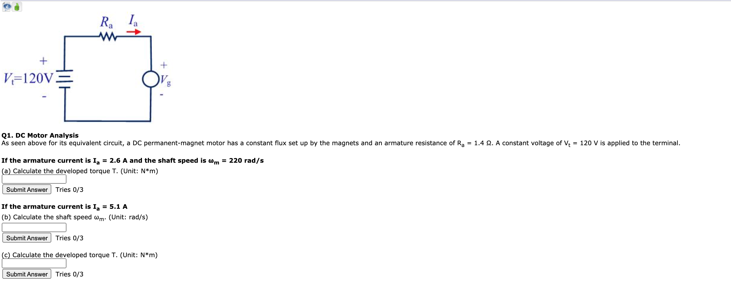 Solved R. I + + V=120V Q1. DC Motor Analysis As seen above | Chegg.com