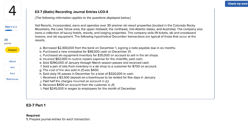 Solved E3-7 (Static) Recording Journal Entries LO3-4 [The | Chegg.com