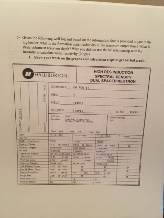Solved 5- Given the following well log and based on the | Chegg.com