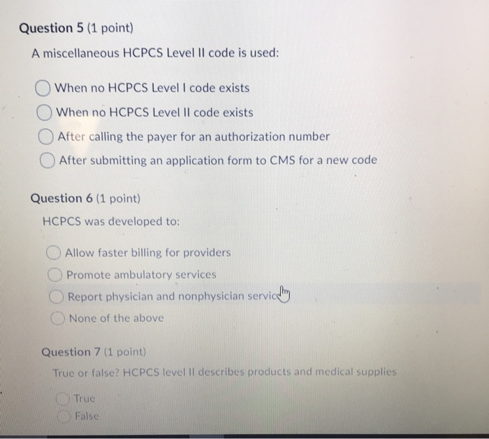 Solved Question 5 (1 point) A miscellaneous HCPCS Level Il | Chegg.com