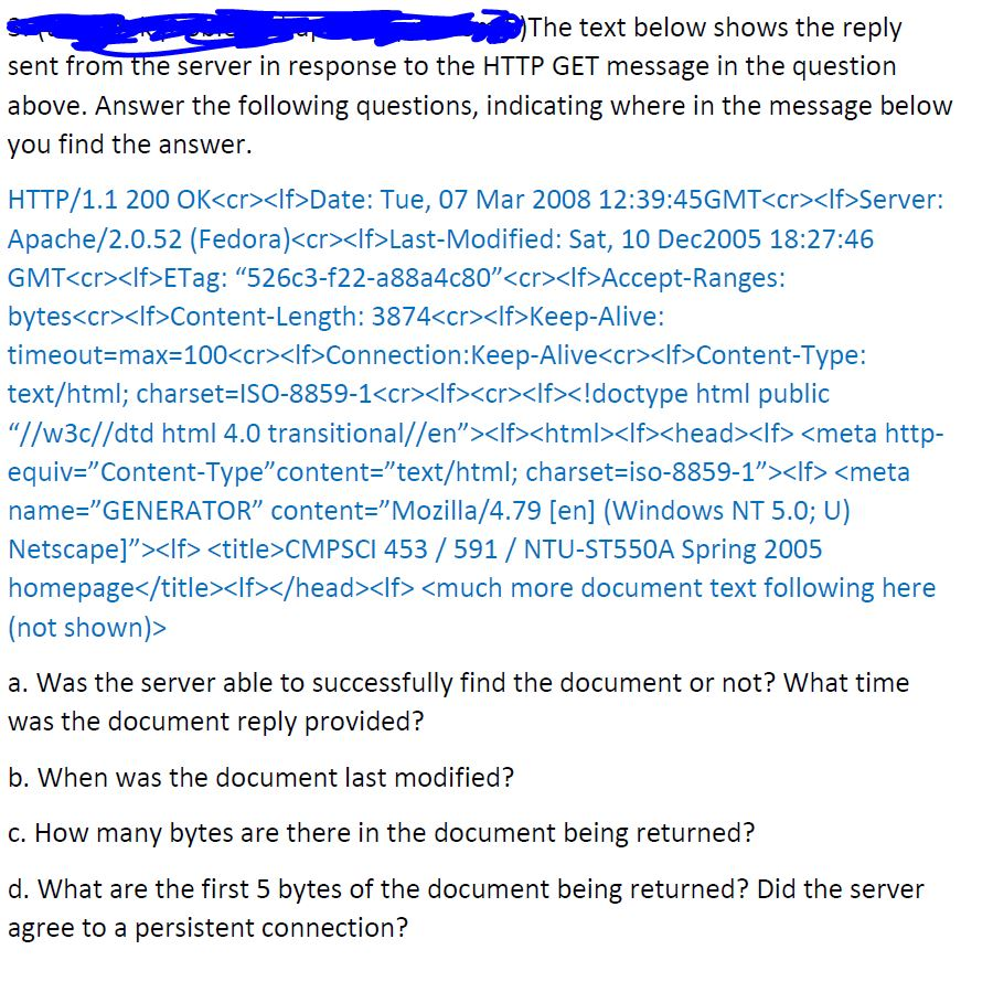Solved The text below shows the reply sent from the server | Chegg.com