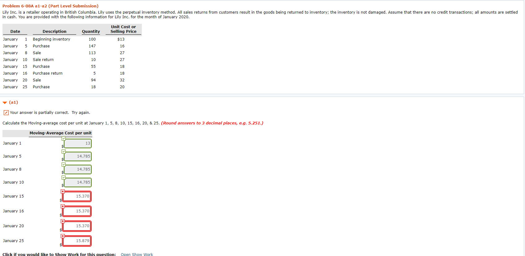 Solved Problem 6-08A al-a2 (Part Level Submission) Lily Inc. | Chegg.com