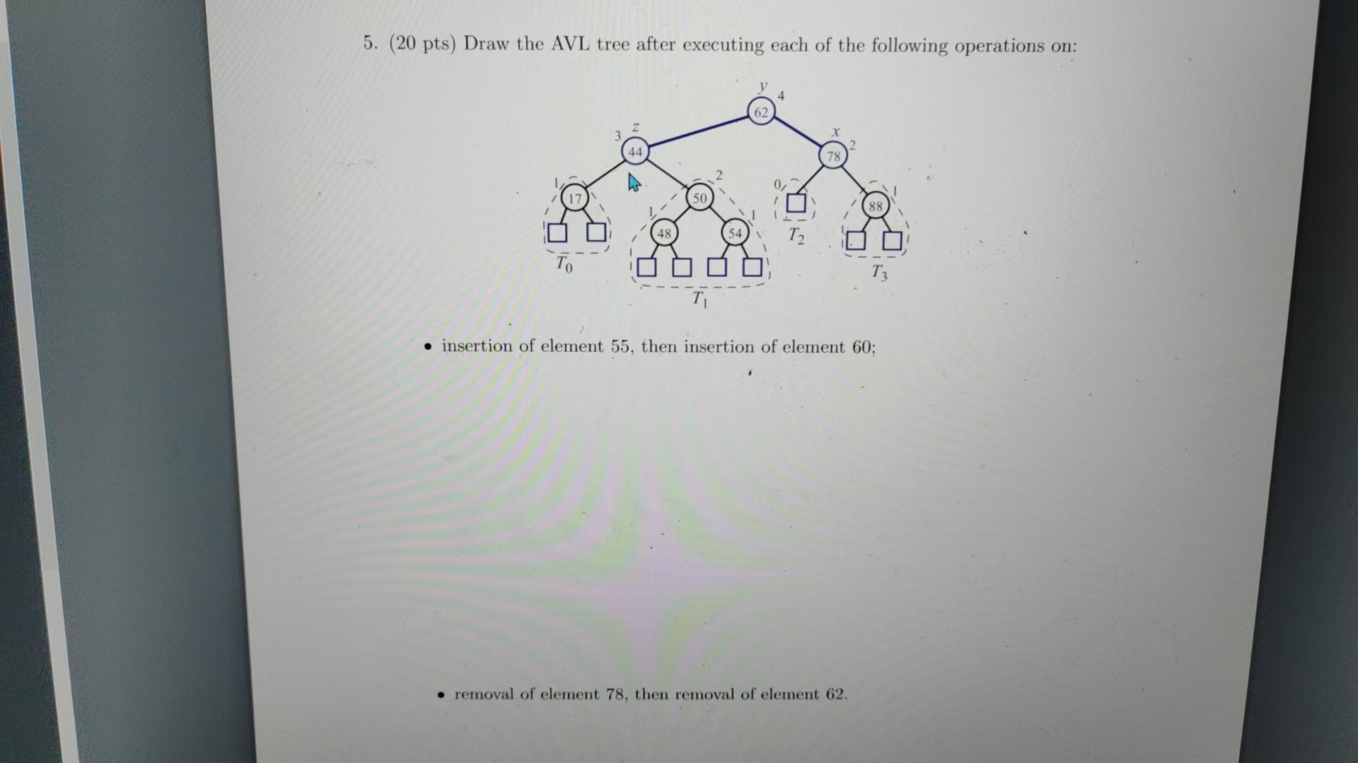 Solved 5. (20 ﻿pts) ﻿Draw the AVL tree after executing each | Chegg.com