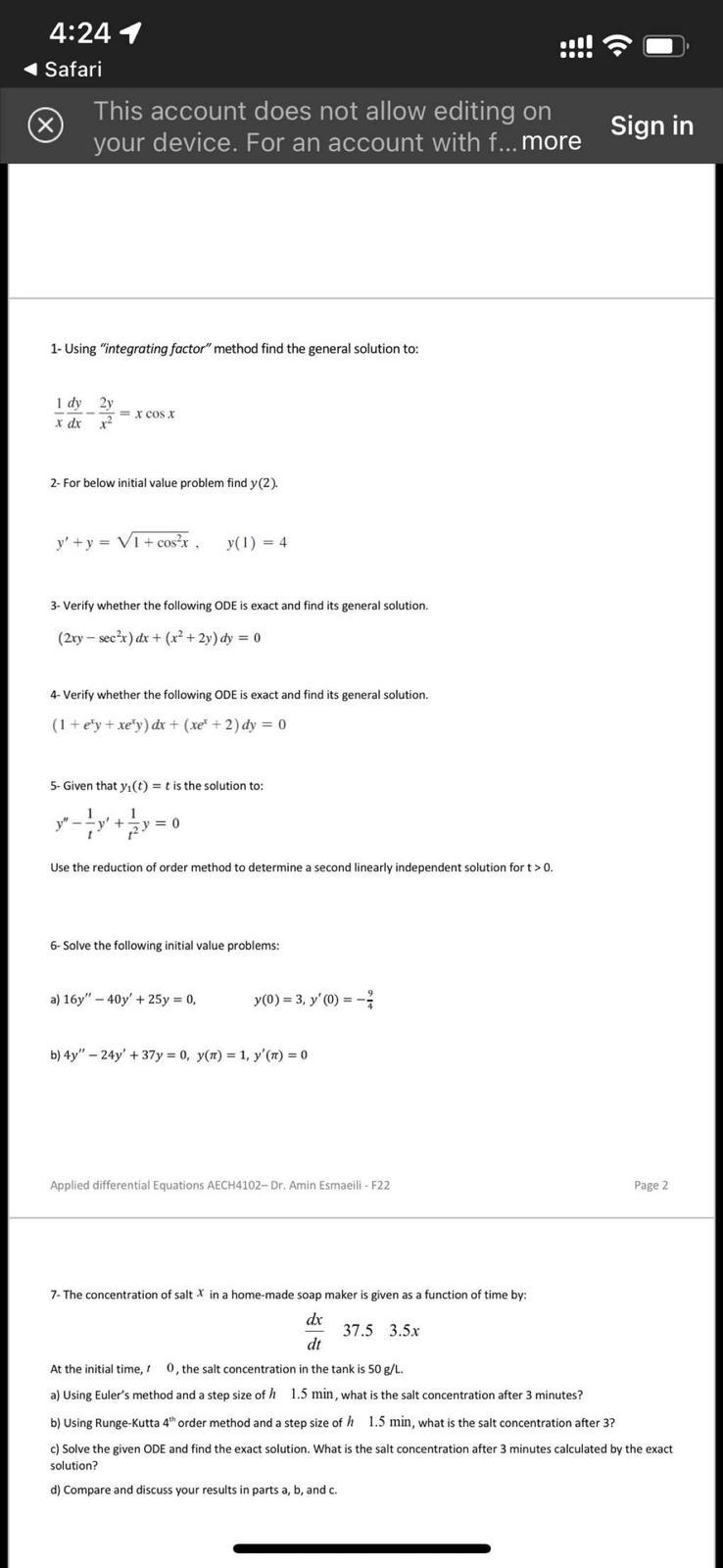 Solved 1 Using Integrating Factor Method Find The General 