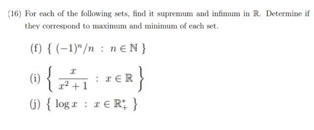 Solved (16) For each of the following sets, find it supremum | Chegg.com