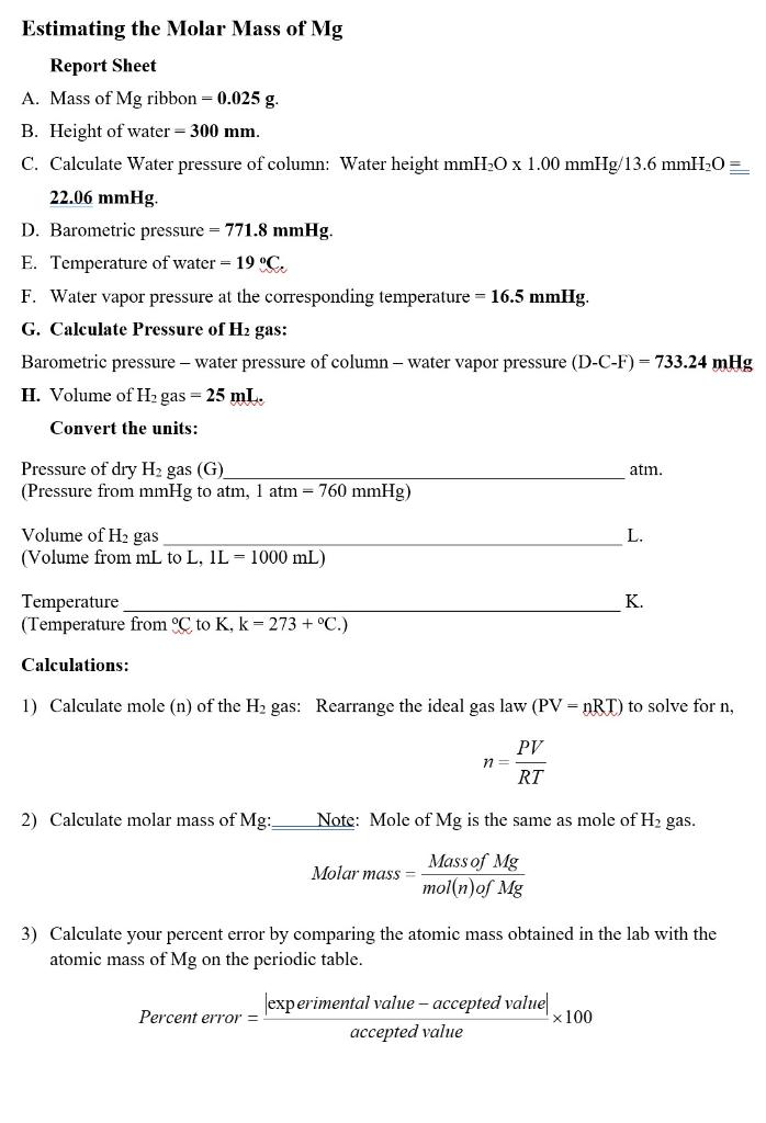 Solved Estimating the Molar Mass of Mg Report Sheet A. Mass | Chegg.com
