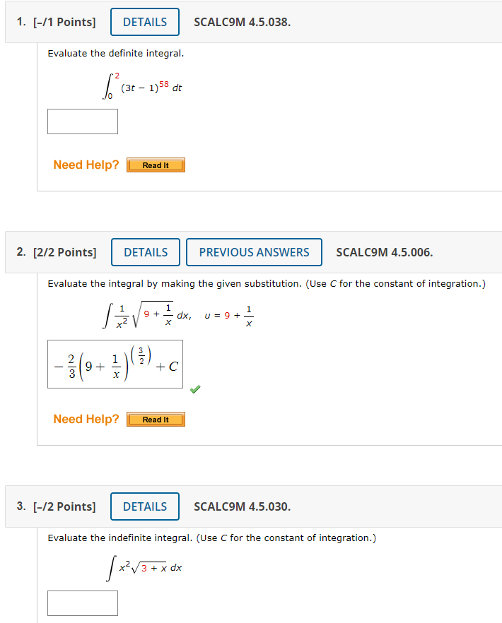 Solved Evaluate the definite integral. ∫02(3t−1)58dt SCALC9M | Chegg.com