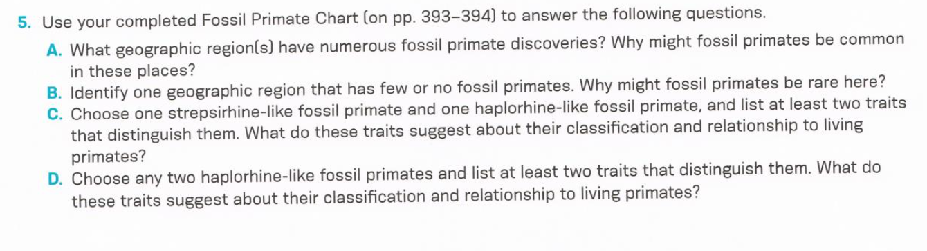 Solved 5. Use your completed Fossil Primate Chart (on pp. | Chegg.com
