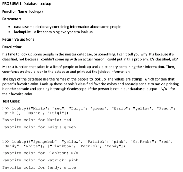 Solved PROBLEM 1: Database Lookup Function Name: lookup() | Chegg.com