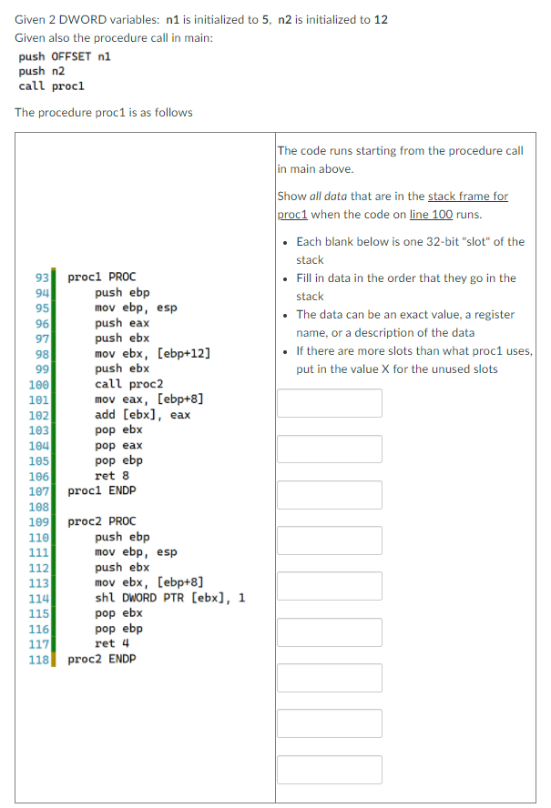 Given 2 DWORD variables: n1 is initialized to 5, n2 | Chegg.com