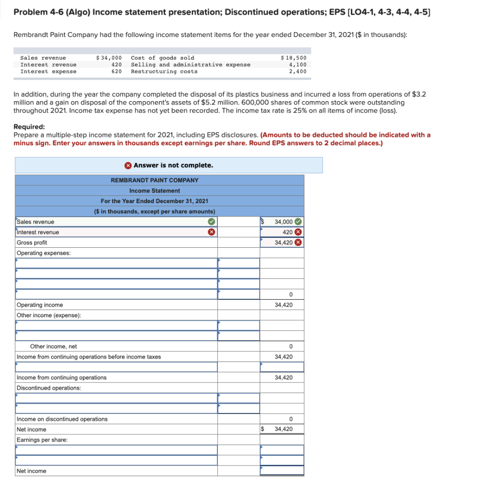 Solved Problem 4-6 (Algo) Income statement presentation; | Chegg.com
