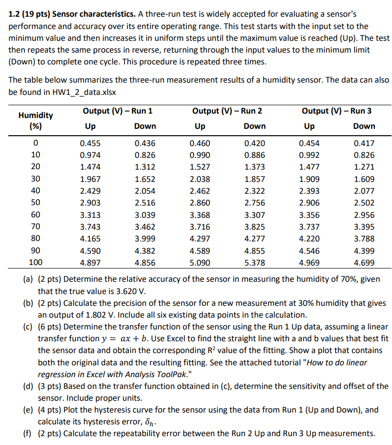 Solved 1.2 (19 pts) Sensor characteristics. A three-run test | Chegg.com