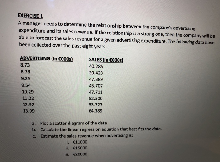 Solved EXERCISE 1 A manager needs to determine the | Chegg.com