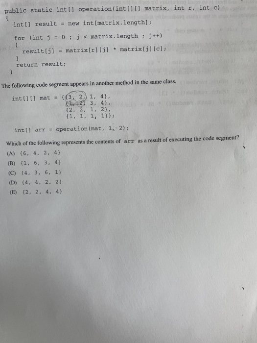Solved public static intIl operation(int[lI) matrix, int r, | Chegg.com