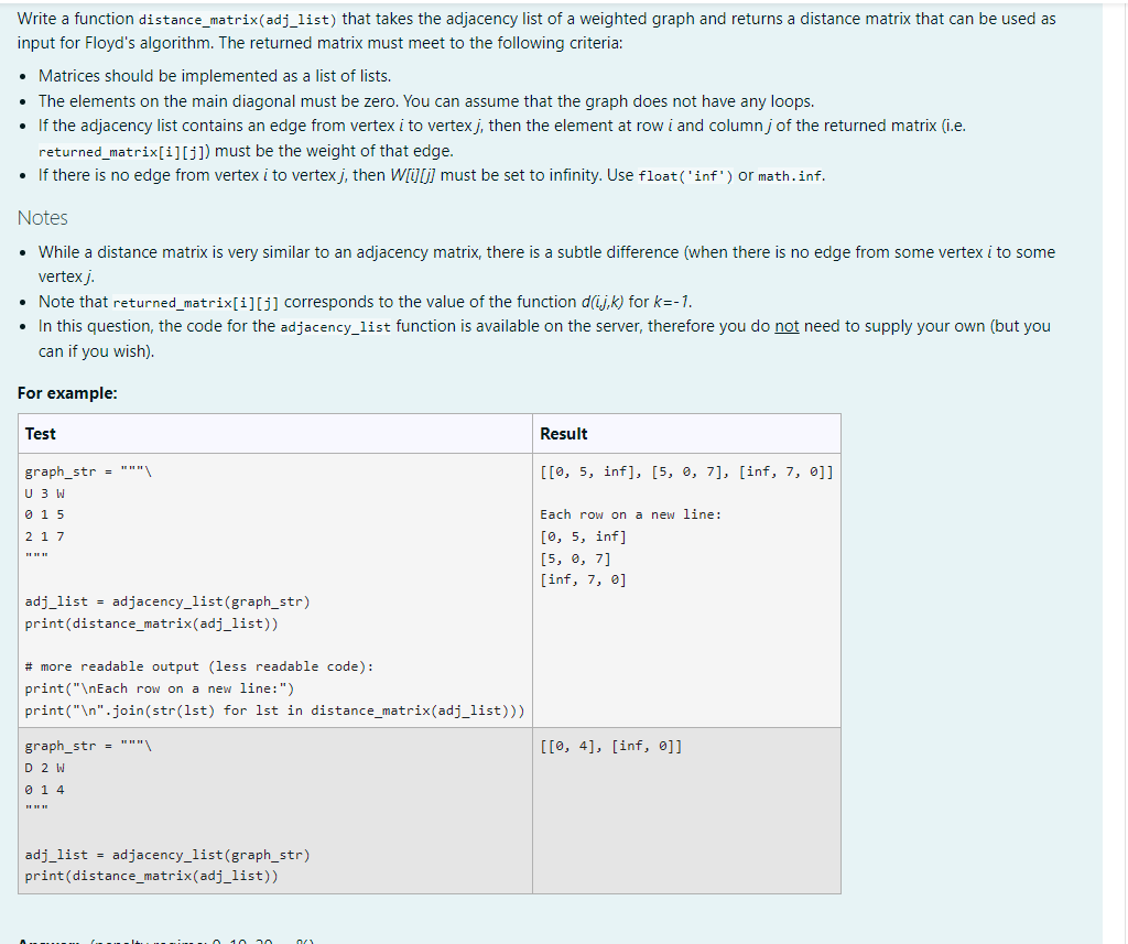 Solved Write a function distance_matrix(adj_list) that | Chegg.com